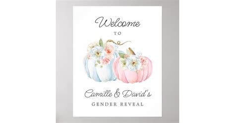 Fall Pink And Blue Pumpkin Gender Reveal Welcome Poster Zazzle
