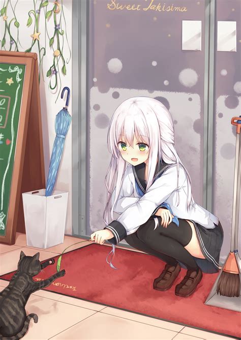 Anime Girl Cat Green Eyes Happy Long Hair Seifuku Thigh Highs