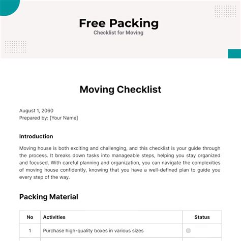 Packing Checklist For Moving Template Edit Online And Download Example