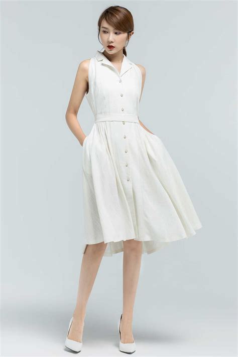 White Dress Button Front Dress Shirtwaist Dress Midi Swing Etsy