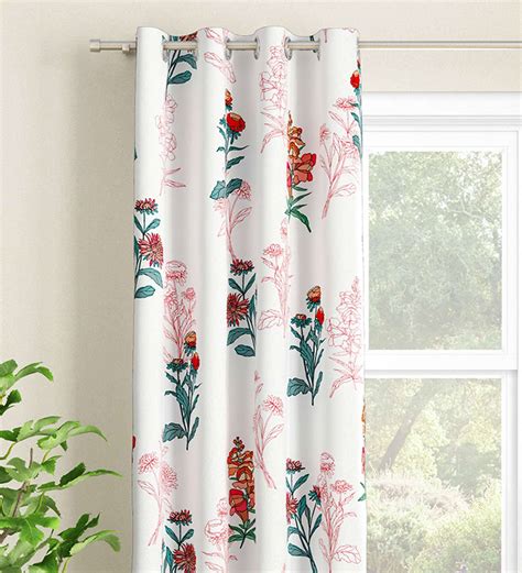 Buy White Floral Polyester 9 Ft Light Filtering Eyelet Door Curtain At
