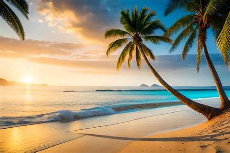Premium Photo Palm Trees On A Beach At Sunset