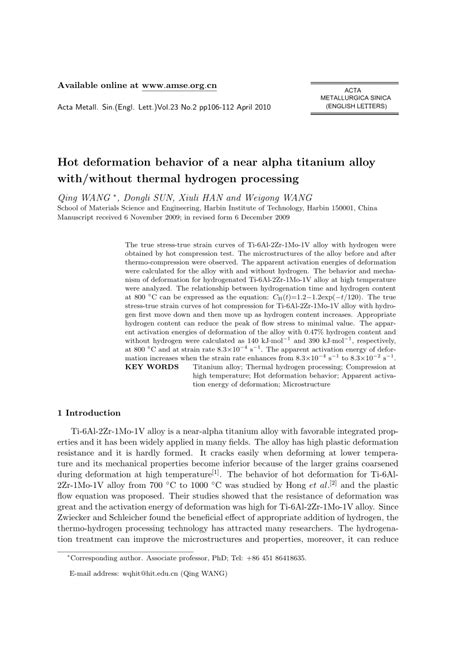 Pdf Hot Deformation Behavior Of A Near Alpha Titanium Alloy Withwithout Thermal Hydrogen