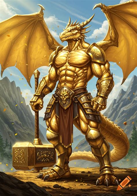 A Muscular Golden Dragonborn Barbarian Holds A Large Axe In A Rocky