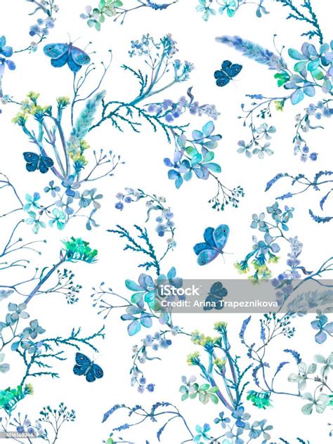 말린 꽃과 나비가 수채화로 그려진 꽃무늬 이음새가 없는 패턴 벽지 야생화와 허브가 있는 직물을 위한 수채화 인쇄 0명에 대한