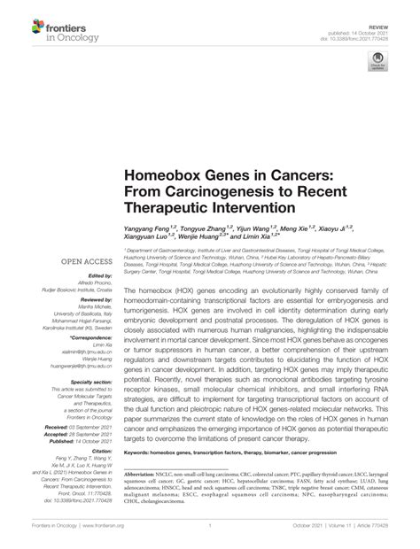 Pdf Homeobox Genes In Cancers From Carcinogenesis To Recent