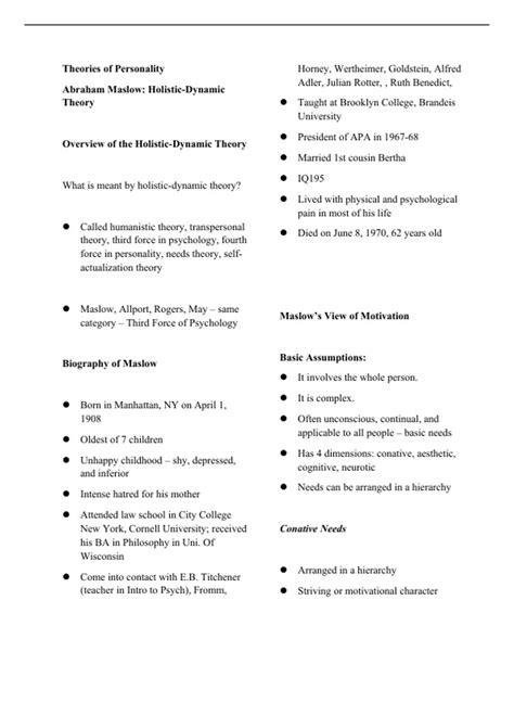 Summary Theories Of Personality Abraham Maslow Holistic Dynamic Theory