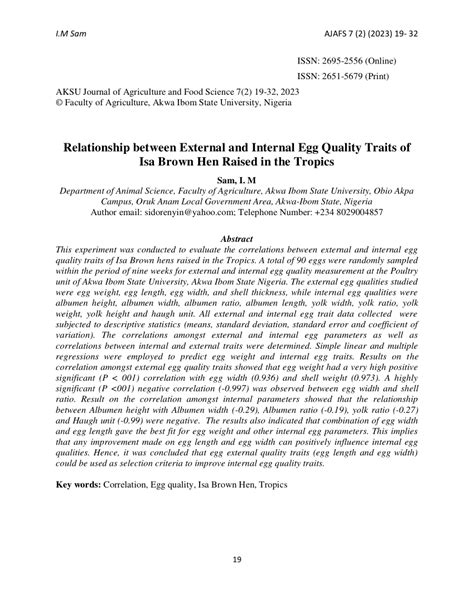 Pdf Relationship Between External And Internal Egg Quality Traits Of Isa Brown Hen Raised In