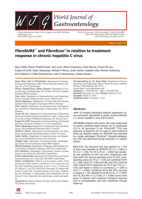 PDF FibroSURE And FibroScan In Relation To Treatment Response In Chronic Hepatitis C Virus