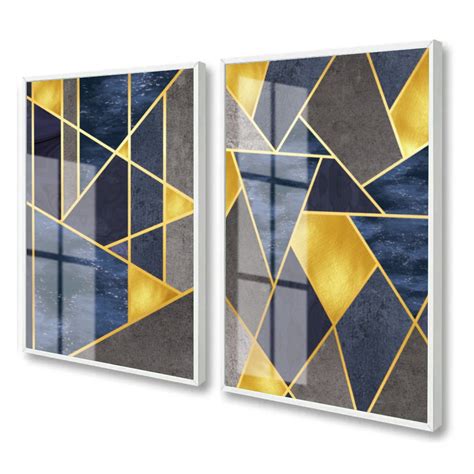 Quadros Decorativos Geométrico Azul Dourado Moldura e Vidro