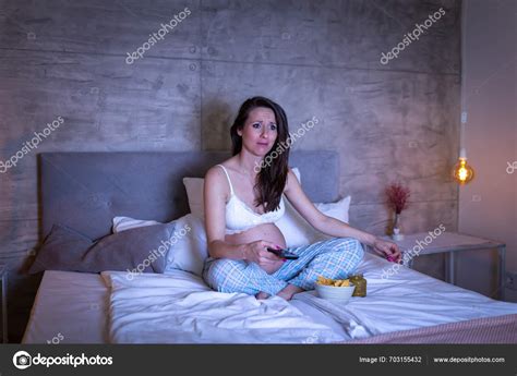 Beautiful Pregnant Woman Wearing Pajamas Sitting Bed Night Switching