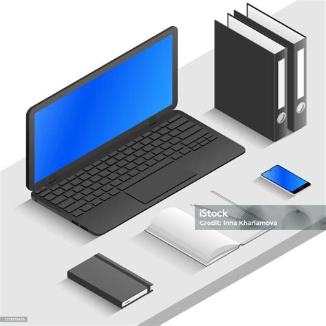 직장 사무실 직장 노트북 및 문서 메모장 폴더 및 커피 머그잔이있는 업무 실 Isometric 3d 벡터 3차원 형태에 대한 스톡 벡터 아트 및 기타 이미지 Istock