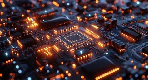 Detailed Close Up Of A Circuit Board Illuminated By Orange Lights In A Dark Environment Stock
