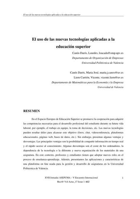 Pdf El Uso De Las Nuevas Tecnologías Aplicadas A La Educación Superior
