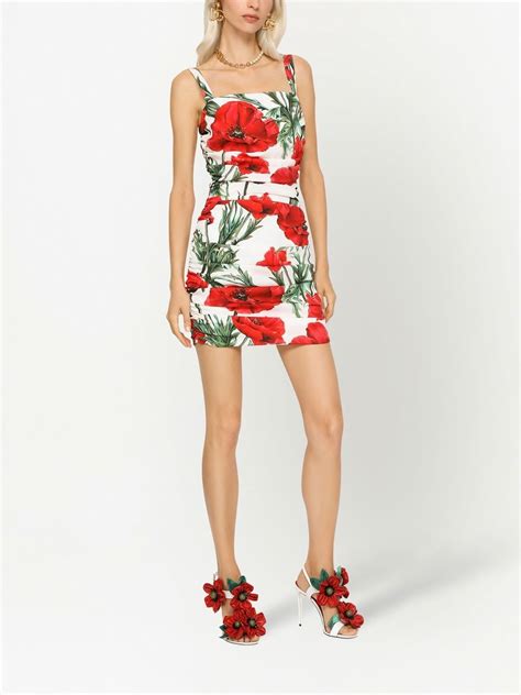 Dolce And Gabbana Poppy Print Ruched Dress White Farfetch