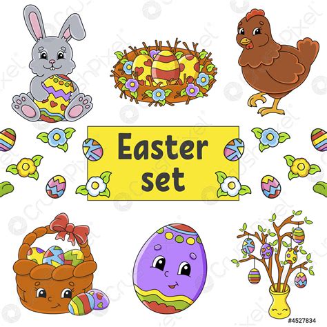 Set Of Cute Cartoon Characters Easter Clipart Hand Drawn Colorful Stock Vector 4527834