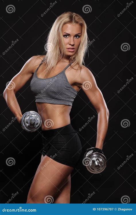 Fitness Model With Dumbbells Stock Image Image Of Caucasian Oily
