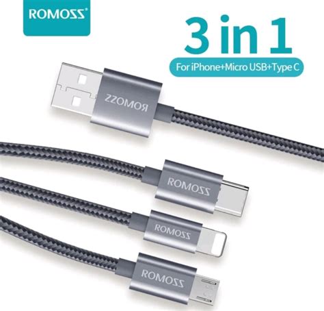 Romoss 3 In 1 Universal Charging Cable 1 5m Apple Lightning 8 Pin Andriod Micro USB Type C