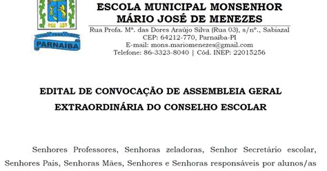 E M Mons Mário José De Menezes O Conselho Escolar Convoca Para