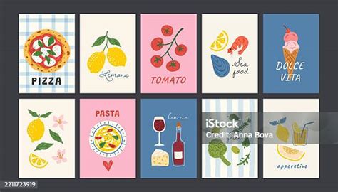 부엌을 위한 손으로 그린 음식 포스터 피자 레몬 토마토 치즈 이탈리안 파스타 해산물을 사용한 추상적인 프린트 돌체 비타의 미학 벽 장식 카페 및 레스토랑을 위한 미니멀리스트