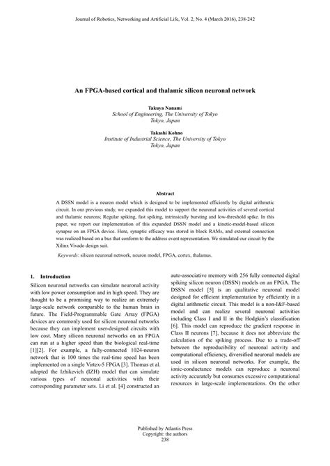 Pdf An Fpga Based Cortical And Thalamic Silicon Neuronal Network