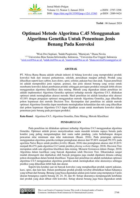 Pdf Optimasi Metode Algoritma C45 Menggunakan Algoritma Genetika