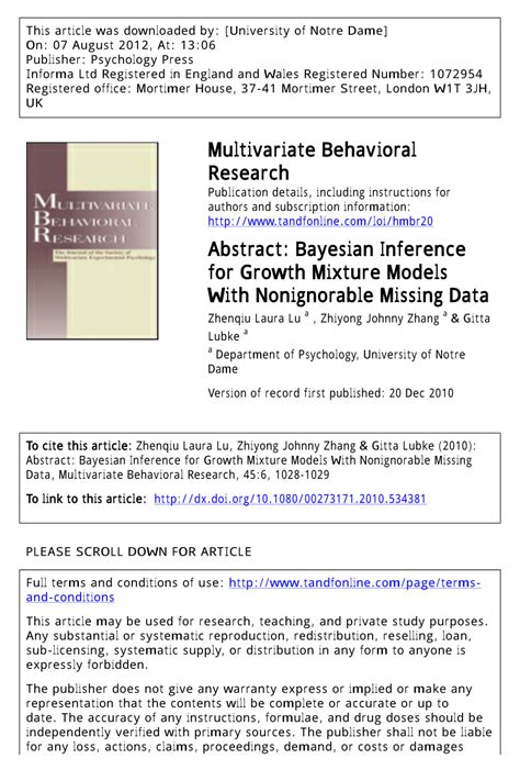 Pdf Bayesian Inference For Growth Mixture Models With Latent Class Dependent Missing Data