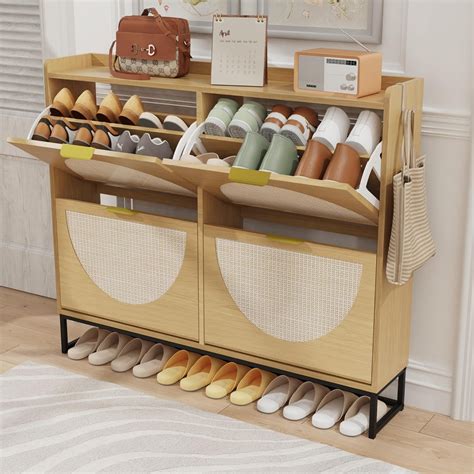 Kigoty Narrow Shoe Storage Cabinet Rattan Shoe Cabinet With 4 Flip