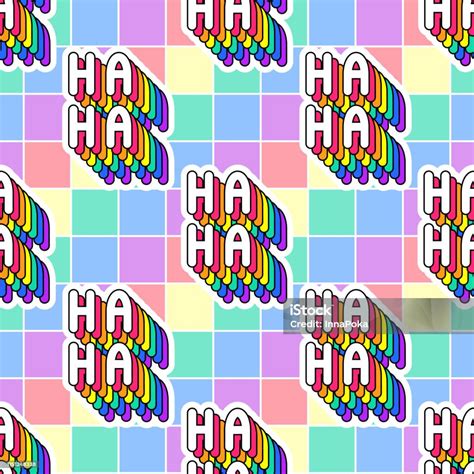 무지개 색 배경 단어 Ha와 완벽 한 패턴입니다 텍스트 패치 벡터 벽지 재미 있는 만화 만화 스타일입니다 1980 1989 년에