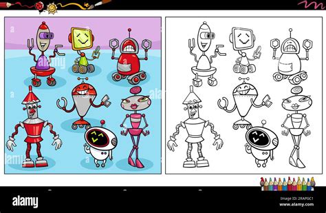 Cartoon Illustrations Of Funny Robots Or Droids Comic Characters Group