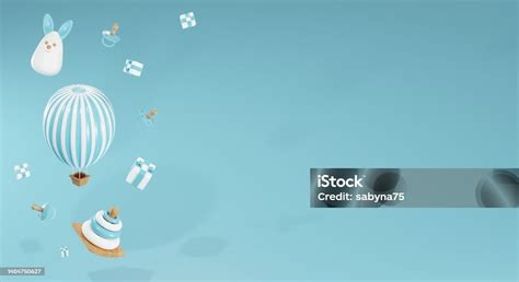 3d 렌더링 파란색 배경에 만화 열기구 헬륨 풍선 및 아기 장난감이있는 베이비 샤워 수평 배너 그것은 소년입니다 3d 일러스트 레이 션 젖꼭지에 대한 스톡 사진 및 기타