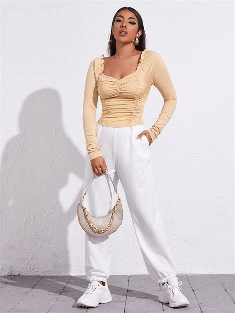 SHEIN Privé Sweetheart Neck Frill Trim Ruched Top SHEIN USA