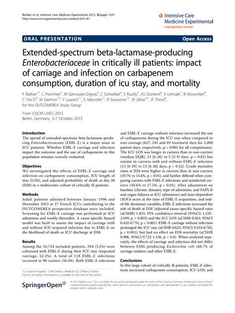 Pdf Extended Spectrum Beta Lactamase Producing Enterobacteriaceae In Critically Ill Patients