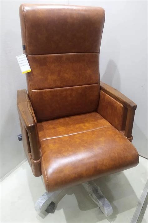 High Back Stainless Steel Brown Leatherette Office Boss Chair Fixed