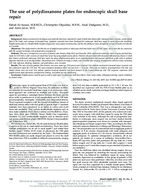 Pdf The Use Of Polydioxanone Plates For Endoscopic Skull Base Repair