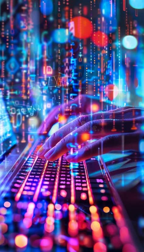 Hands Typing On Keyboard With Digital Hologram Screen Software Development Concept Stock
