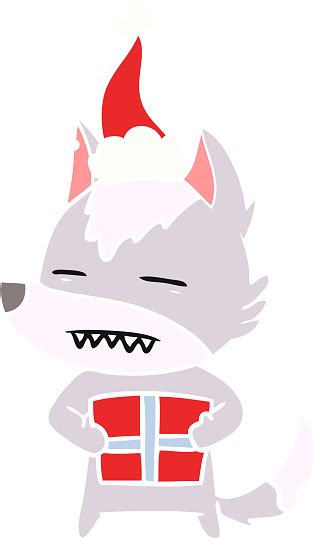 산타 모자를 쓴 선물을 가진 늑대의 손으로 그린 평면 컬러 그림 개에 대한 스톡 벡터 아트 및 기타 이미지 개 귀여운 낙서 드로잉 Istock