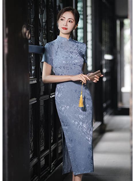 Blue Chinese Cheongsam Womens Slim Dress