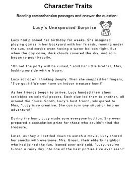 Analyzing Character Traits Reading Comprehension Passages Worksheet