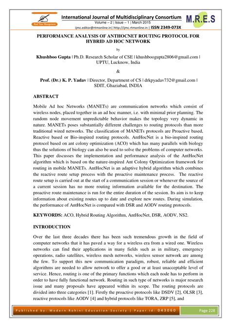 pdf performance analysis of anthocnet routing protocol for hybrid ad