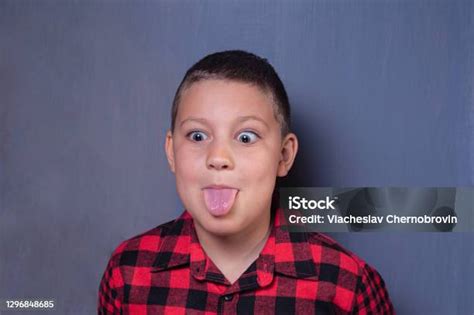 밝은 갈색 머리를 가진 흰색 십대 소년 빨간 격자 무늬 셔츠를 입고 찡그린 얼굴과 고립 된 회색 배경에 혀를 스틱 T 셔츠에 대한 스톡 사진 및 기타 이미지 Istock