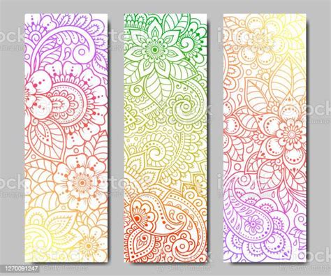 디자인 요가 매트 세트 장식 스포츠 장비동양 스타일의 꽃 무늬 영적 평온을위한 다채로운 민족 인도 장식품 명함 포스터 헤나 문신으로 인쇄 0명에 대한 스톡 벡터 아트 및