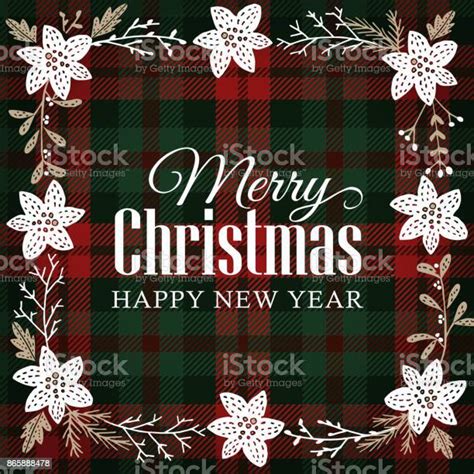메리 크리스마스 인사말 카드 초대장입니다 열매 미 슬 토 전나무 나무 가지 손으로 그린된 포 인 세 티아 꽃의 플로랄 프레임이 했다 타탄 체크 무늬 격자 무늬 벡터 일러스트