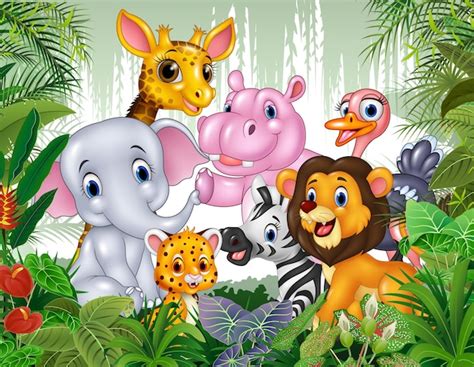 Animais Selvagens Dos Desenhos Animados Na Selva Vetor Premium The