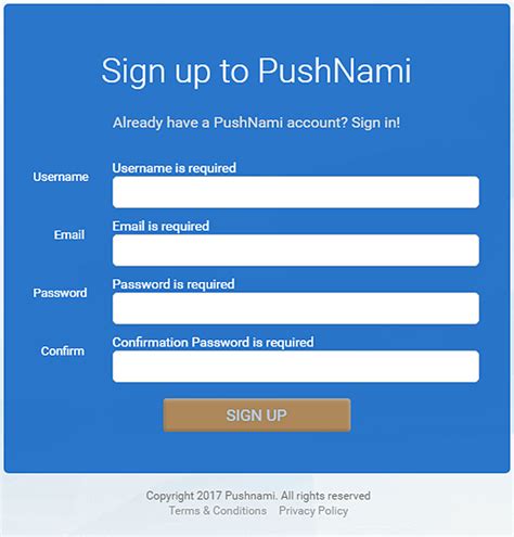pushnami documentation register and login