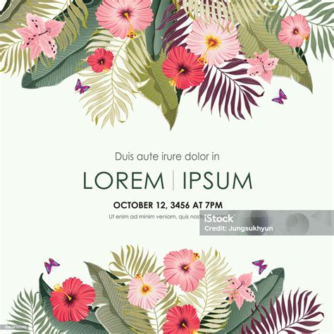 벡터 일러스트 레이 션 열 대와 프레임의 나뭇잎과 꽃이 여름에 결혼식 기념일 생일 및 파티에 대 한 0명에 대한 스톡 벡터 아트 및 기타 이미지 Istock