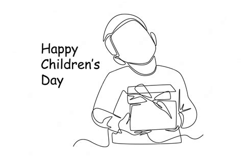 Dessin Au Trait Continu Un Garçon Heureux Reçoit Une Boîte Cadeau