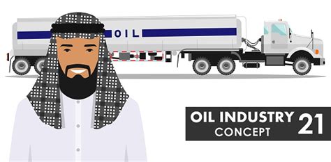 석유 산업 개념입니다 가솔린 트럭과 흰색 배경에 플랫 스타일에 전통적인 이슬람 옷에서 사우디 아라비아 사람의 상세한 그림 벡터 일러스트입니다 가솔린에 대한 스톡 벡터 아트