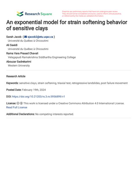 Pdf An Exponential Model For Strain Softening Behavior Of Sensitive Clays