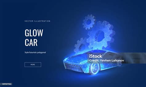 추상적 인 미래 지향적 인 스타일의 자동차 서비스 자동차의 메커니즘의 일부 자동차 서비스 및 기술 혁신의 개념 조명 효과와 네온이있는 벡터 일러스트레이션 차에 대한 스톡